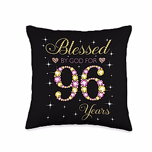 Blessed by God 96th Birthday Gift for Ladies Blessed by God for 96 Years Old 96th Birthday Gift for Women Throw Pillow, 16x16, Multicolor