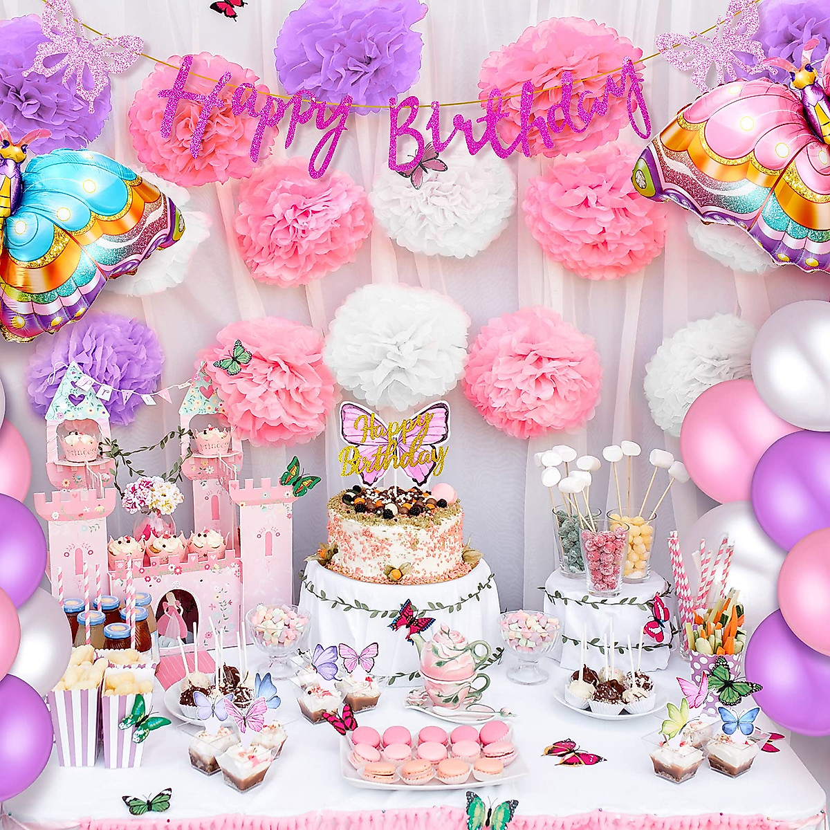 Sumind Butterfly Birthday Party Decoration for Girls Purple Butterfly Party Supply Include Happy Birthday Banner Butterfly Cake Topper Butterfly Hanging Swirl Foil Latex Balloon Paper Pom Pom
