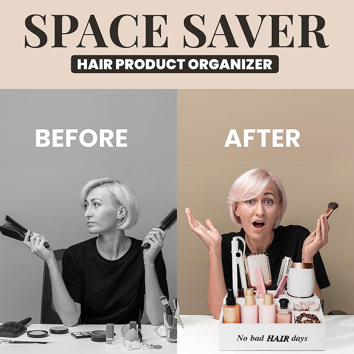 Hair Tool Organizer w/ 7 Compartments - Wooden Hair Product Organizer - Hair Straightener, Brushes, Bathroom Hair Dryer Holder w/ 2 Rose Gold Cups - Hot Tools Organizer for Bathroom Counter or Vanity