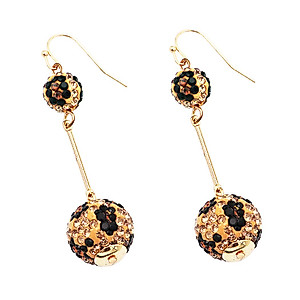 Rosemarie & Jubalee Women's Get Wild Leopard Print Pave Crystal Ball Drop Earrings (Double Ball Bar Gold Tone Fish Hook, 2.5")