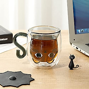 Phitihui Cat Mugs, Double Wall Glass Cute Coffee Tea Cup, Graduation Valentines Mothers Day Easter Halloween Christmas Gifts for Women Wife Mum Her Girl Teacher Friend, Birthday Present Idea (Black)