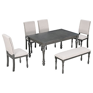 BIADNBZ 6-Piece Kitchen Dining Table Set with 4 Upholstered Chairs and 1 Bench, for 6 People, Gray