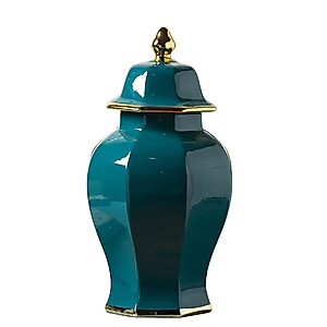 Handmade Green Hexagon Ginger Jar Vase Ornament, Home & Living Room Decorative Jar, Gold-Plated Ceramic Temple Jar (Size : Large)
