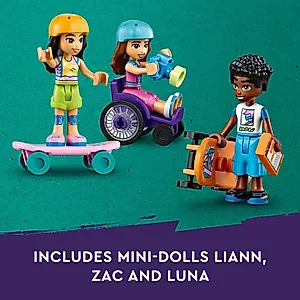 LEGO Friends Skate Park Set 41751, Skateboard Toys for Girls and Boys Ages 6 Plus, Mini-Doll Playset with Toy Scooter and Wheelchair, Birthday Gift Idea for Creative Play