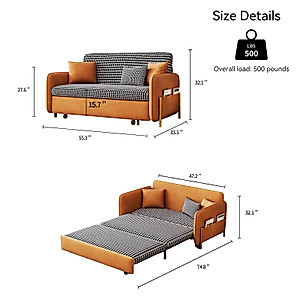 53.5" Full Sleeper Sofa Orange Upholstered Convertible Sofa Bed 3 in 1 Sleeper Sofa Couch Bed, Small Tufted Velvet Convertible Loveseat Futon Sofa w/Pullout Bed, Multi-Pockets for Living Room