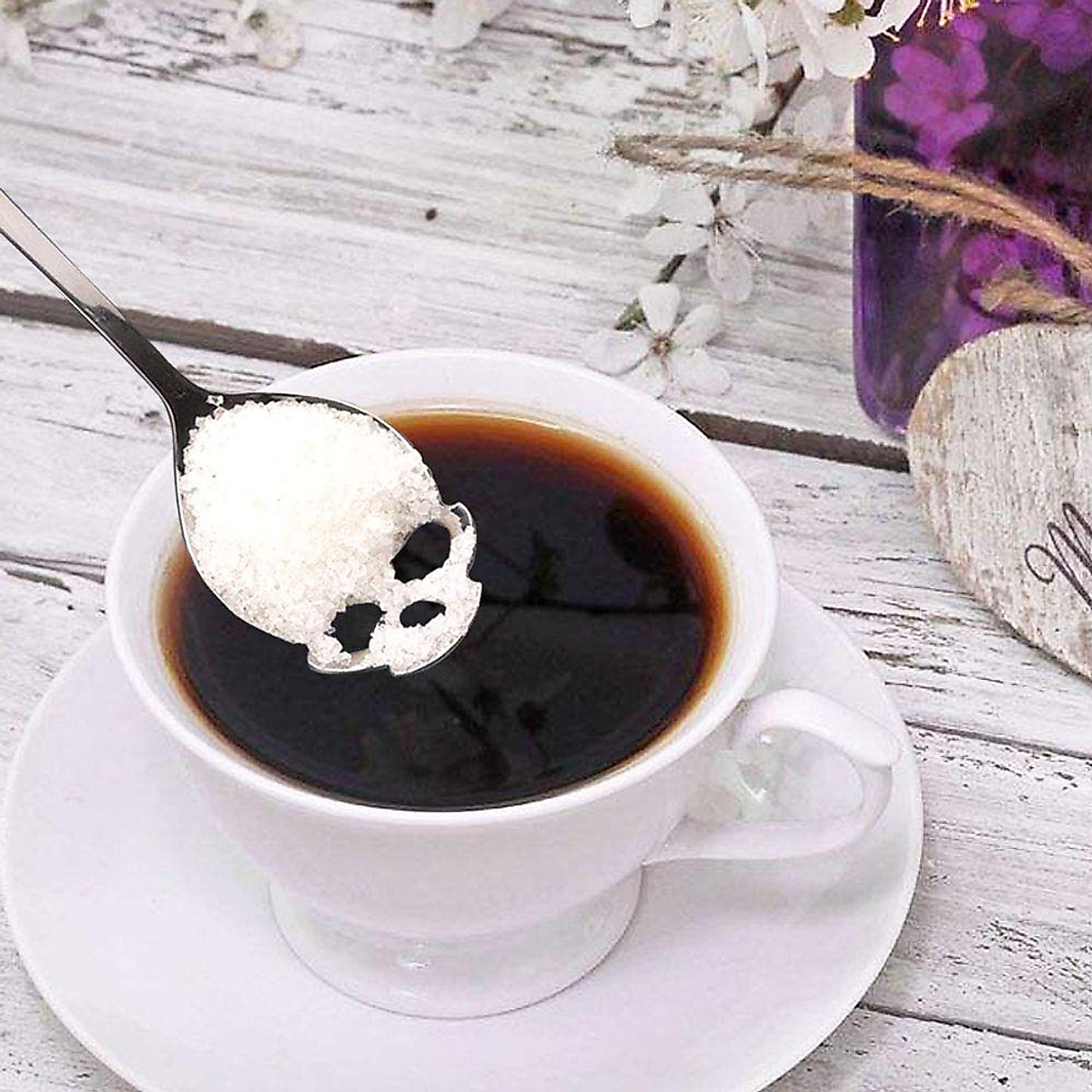 304 Stainless Steel Sugar Skull Tea Spoons Coffee Stirring Slotted Metal Spoon Set -Black 6 Pack