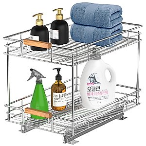 Mount Walker Pull Out Cabinet Organizer(14" W x 21" D), 2 Tier Slide Out Cabinet Shelves with Wood Handle, Sliding Drawer Pull Out Storage Shelf for Cabinet, Chrome