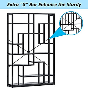 Tribesigns Black Bookshelf 47” Bookcase 9 Tier Tall Book Shelf Rustic Geometric Bookcase Display Shelf Organizer with Open Storage Shelf for Living Room, Industrial Wood Metal Bookshelf for Office