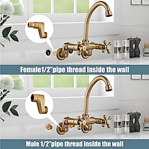 Aolemi Wall Mount Kitchen Faucet 6 Inch Center with Swivel Spout Adjustable Spread 2 Cross Handle Basin Sink Mixer Tap, Antique Brass, H&C Label