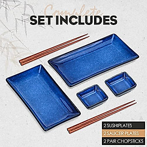 uniidea Ceramic Sushi Serving Tray Sets 2, 6 Pieces Japanese Style Porcelain Sushi Plate Set with Soy Sauce Dishes, Bamboo Chopsticks Housewarming Gift, Blue