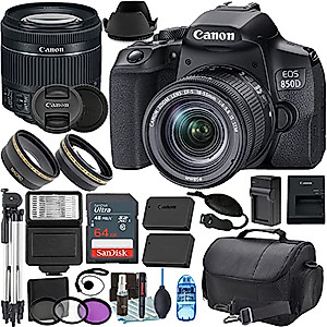 Camera Bundle for Canon EOS 850D / T8i with EF-S 18-55mm f/4-5.6 is STM + Accessories Bundle (64GB, 50in Tripod, Extra Battery, and More)