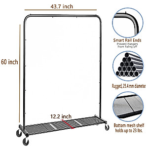 Simple Trending Clothing Garment Rack, 44 Inch Rolling Clothes Organizer on Wheels for Hanging Clothes with Mesh Shelves, Black