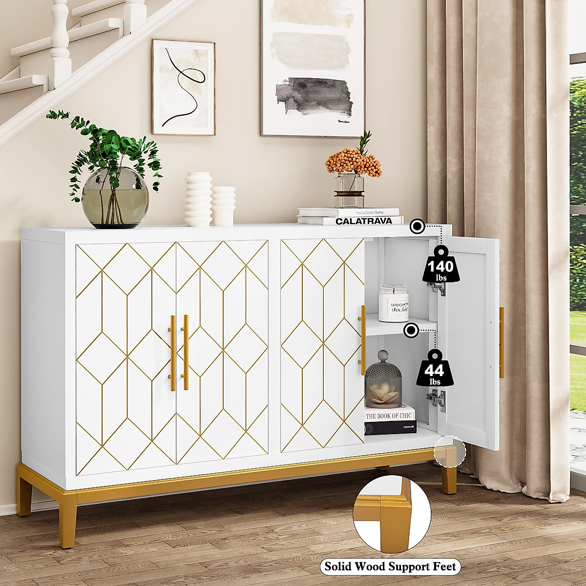 HLR Accent Cabinet with 4 Doors and Shelves, Sideboard Buffet Cabinet with Gold Lines, Modern Credenza Storage Decorative Cabinet for Living Room, Entryway, Kitchen, Dining Room, White