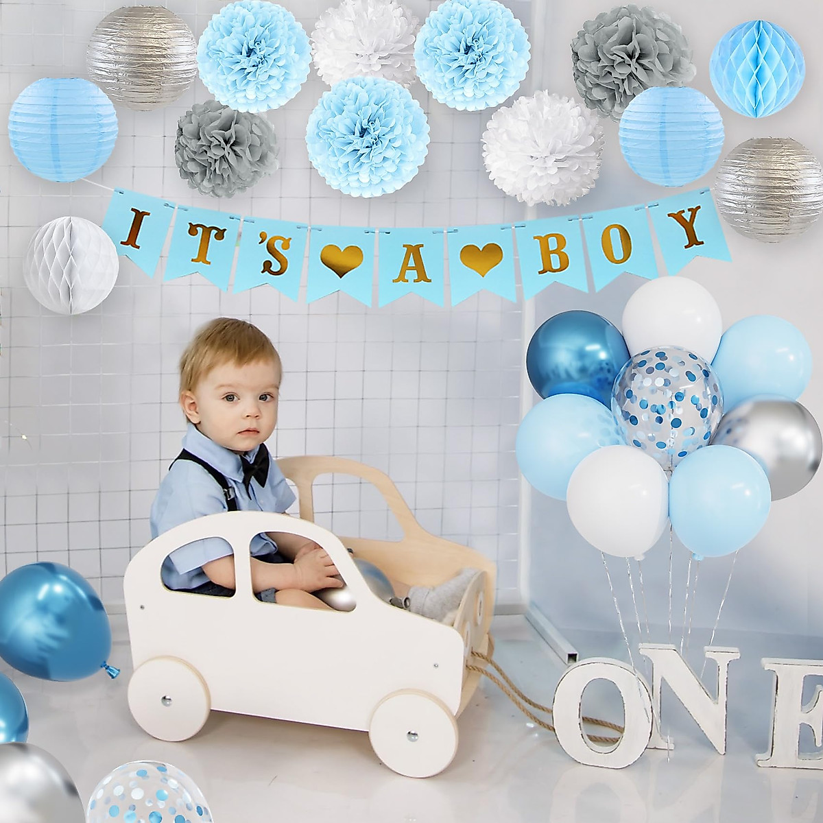 Ouddy Party Blue Baby Shower Decorations for Boy with Its a Boy Banner, Baby Boy Letter Metallic Blue Gray Silver Balloon Paper Pom Poms Honeycomb Ball for Boy Baby Shower Gender Reveal Party Supplies