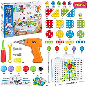 Parhlen Educational Toys Building Blocks, 244 Pieces Electric Screwdriver DIY Building Toys for Boys and Girls, Educational Construction Building kit for Kids Ages 4 5 6 7 8 9 10 Year Old