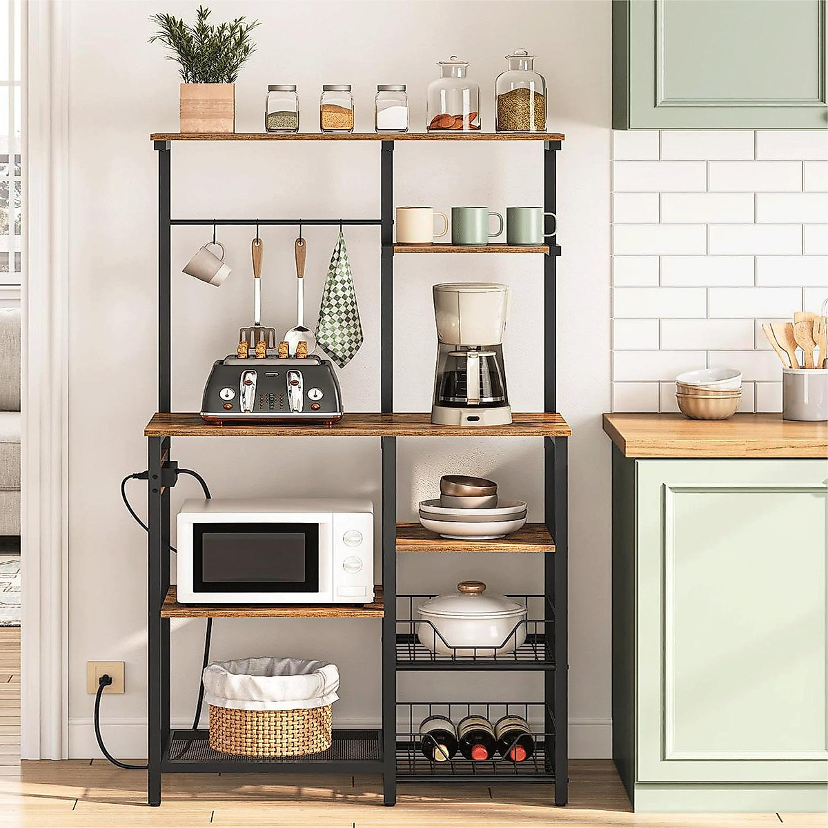 HOOBRO Large Bakers Rack with Power Outlets, 6-Tier Microwave Stand with 4 Hooks, Coffee Bar, Kitchen Shelf with Wire Basket, for Kitchen, Living Room, Office, Rustic Brown and Black BF64UHB01