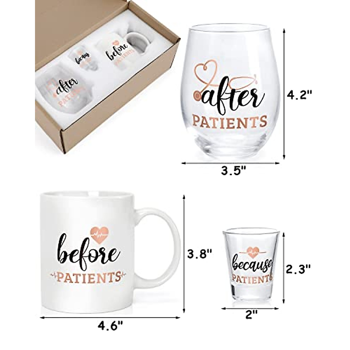 Levfla Before Patients After Patients Set Nurse Gifts 11 oz Coffee Mug 18 oz Stemless Wine Glass 2 oz Shot Glass Set for Nurse, Doctor, Dentist, Dental, Physician, Hygienist, RN (Rose Gold)