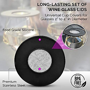 Premium Wine Glass Covers Set of 5 with 2 Bottle Stoppers-Outdoor Ventilated Wine Glass Covers for Bugs-Silicone & Stainless Steel Mug Cover Lid Set for Tumbler-Bug Fly Lids for Glasses-Amethyst Moon