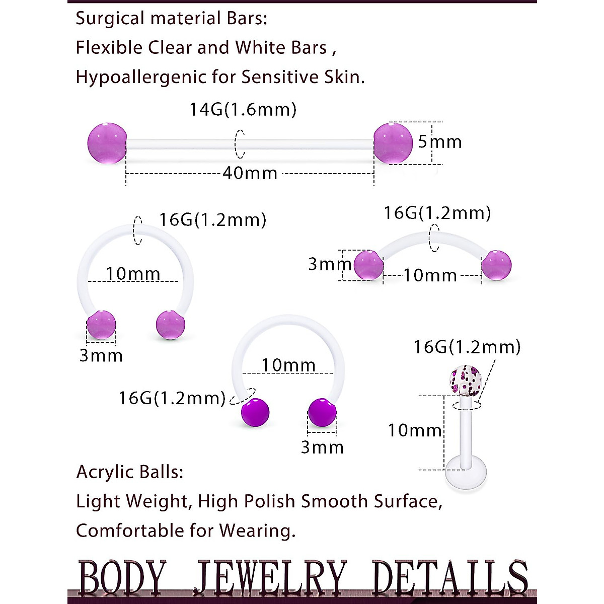 Jenxnjsjo Clear Lip Septum Rings Industrial Eyebrow Smiley Piercing Jewelry Plastic Cartilage Helix Tragus Daith Earrings Purple Vertical Labret Medusa Retainers Kits for Surgery Work Sports