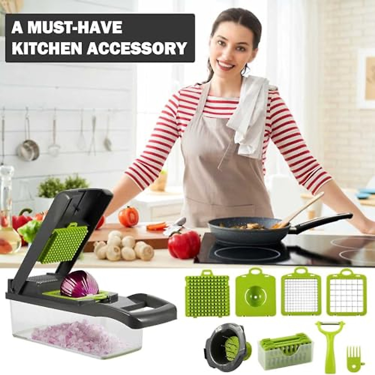 LIHUYAS 12 in 1 Pro Vegetable Chopper with Container, Multifunctional Veggie Chopper Dicer,Salad Chopper Box, Mandoline Slicer,Food Chopper with Sharp Blades, Easy to Clean