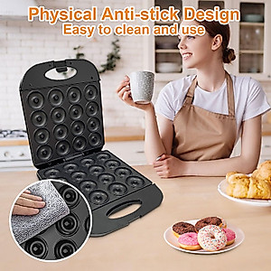 Mini Donut Maker Machine for Home, Kid-Friendly 16-Hole Electric Doughnut and Pancake Maker with Non-Stick Surface, Ideal for Homemade Doughnuts (Black with 1 Pair Mini Oven Gloves & Brush)