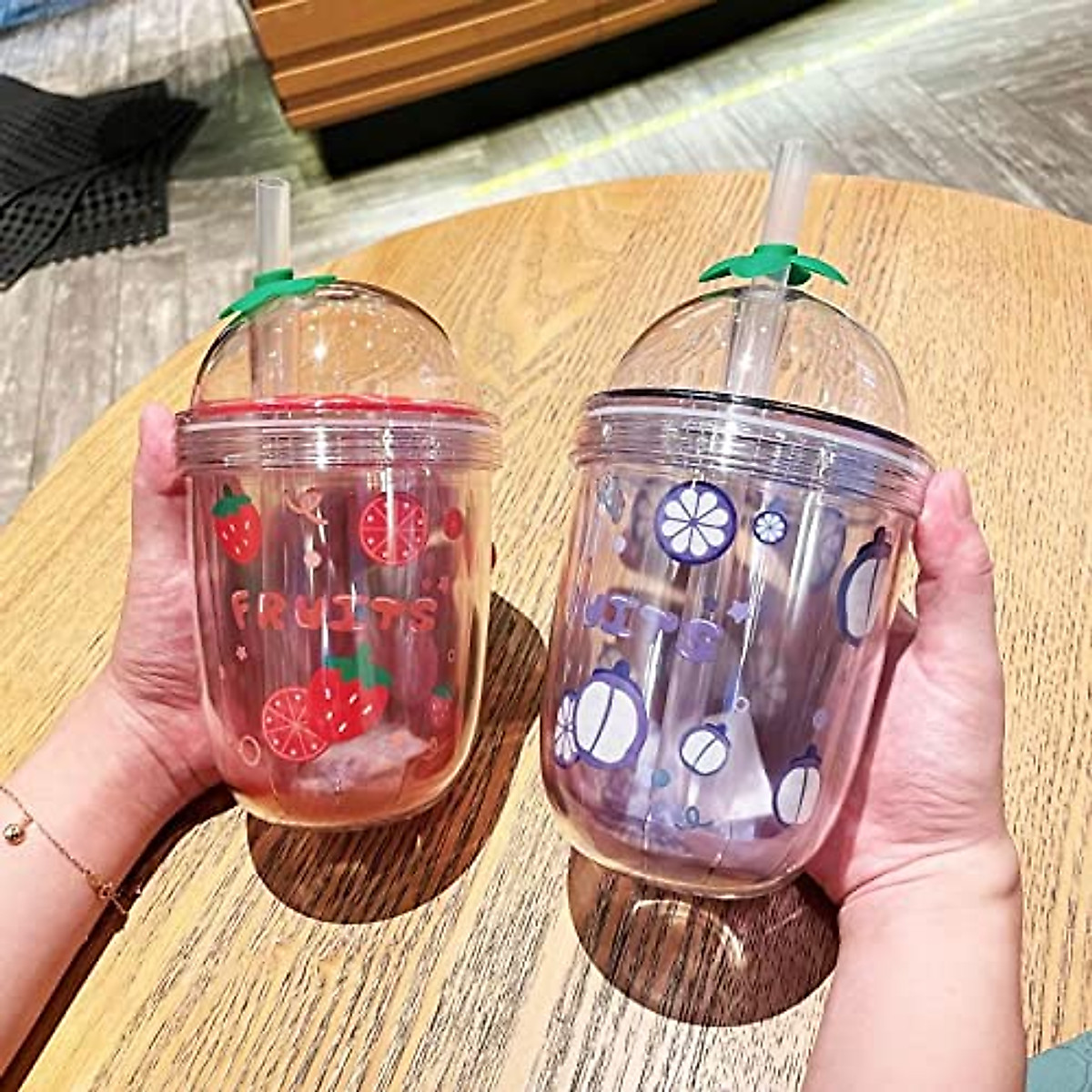 NCDUANSAN Kawaii Double Straw Cup Plastic Thickened Juice Cup Cute Girl Strawberry Watermelon Cup(Strawberry,400ml)