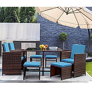 GUNJI 9 Pieces Patio Dining Outdoor Table and Chairs Table Set with Space Saving Rattan Chairs Patio Furniture Sets Cushioned Seating and Back (Blue)
