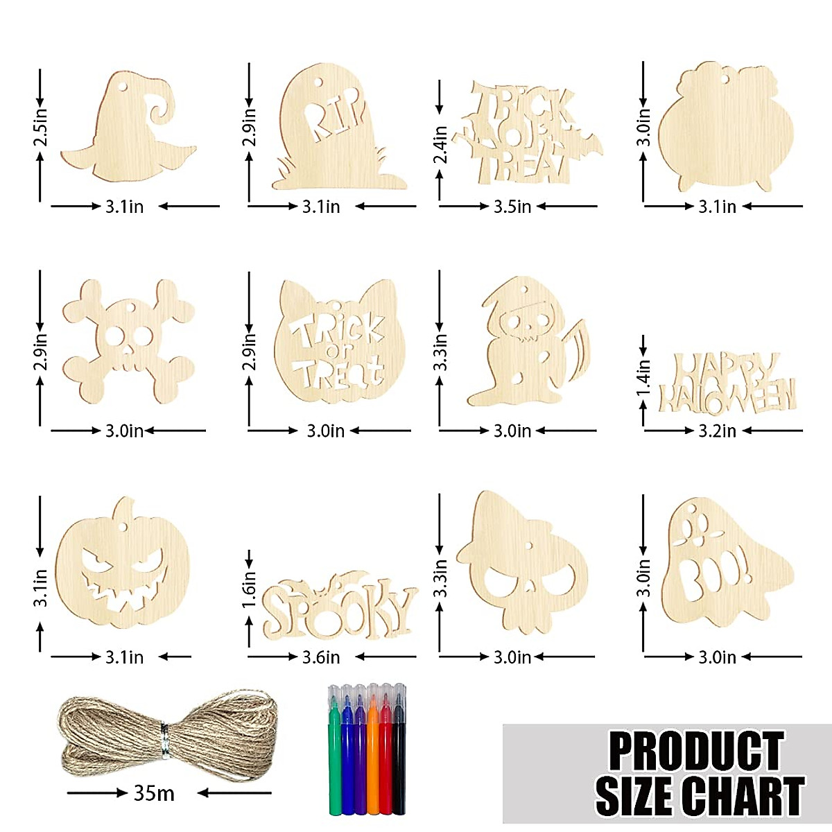 KIMOBER 60PCS Halloween Wooden Slices, Blank Cutouts Ornaments for Halloween Party Decoration, Kids DIY Crafts,Family Activities