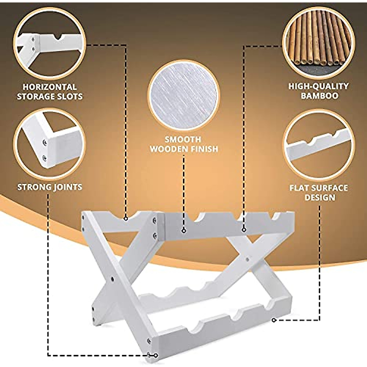 Foldable Bamboo Wine Rack ~ 6 Bottle Wine Holder Stand ~ Countertop Wine Holder for Kitchen, Bar, Cabinets ~ Holds 6 Bottles (White, 1)