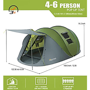 PALLYGO Easy Pop Up Tent 6 Person Tents for Camping Traveling Double Layer Waterproof Instant Family Camping Tents People Man Popup Tent Space for 2/3/4/5/6