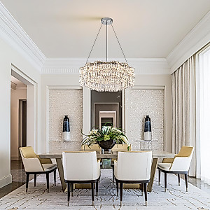 Poemoon Modern Crystal LED Chandelier 32’’ with Remote Control Dimmable 3000-6500K Contemporary Chrome Luxury Chandeliers Light Fixture for Living Dining Room Bedroom Kitchen Island Foyer Entryway