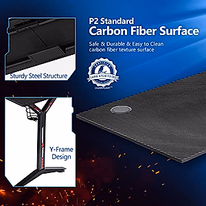 SEVEN WARRIOR Gaming Desk 60INCH with RGB Mouse Pad & Power Outlet, Carbon Fiber Surface Gamer Desk with Monitor Stand, Ergonomic Y Shaped Gamer Table with Cup Holder, Headphone Hook, Outlet Organizer