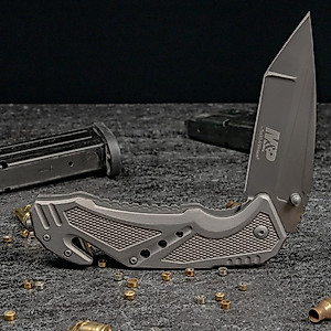 Smith & Wesson M&P SWMP11G 8.9in High Carbon S.S. Folding Knife with 3.8in Tanto Point Blade and Aluminum Handle for Outdoor, Tactical, Survival and EDC,Grey