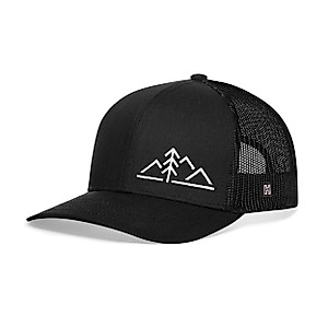 HAKA Mountain & Pine Tree (Modern) Embroidered Trucker Hat, Outdoor Hat for Men & Women, Adjustable Baseball Cap, Mesh Snapback, Golf Hat (Black)
