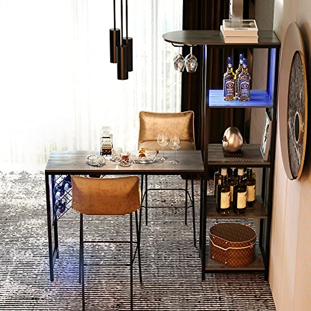 QNICE LED Lights Bar Table with Shelves/Modern Kitchen Counter Height Dining Table/Lounge or Dining Room Storage Pub Table/Dark Rustic Oak/Easy Assembly