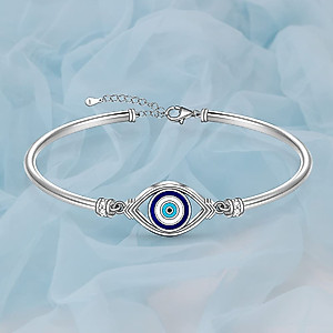 Evil Eye Bracelet for Women Sterling Silver Greek Turkish Blue Evil Eye Bangle Bracelets Adjustable Good Luck Protection Jewelry White Gold Cute Mothers Day Gifts
