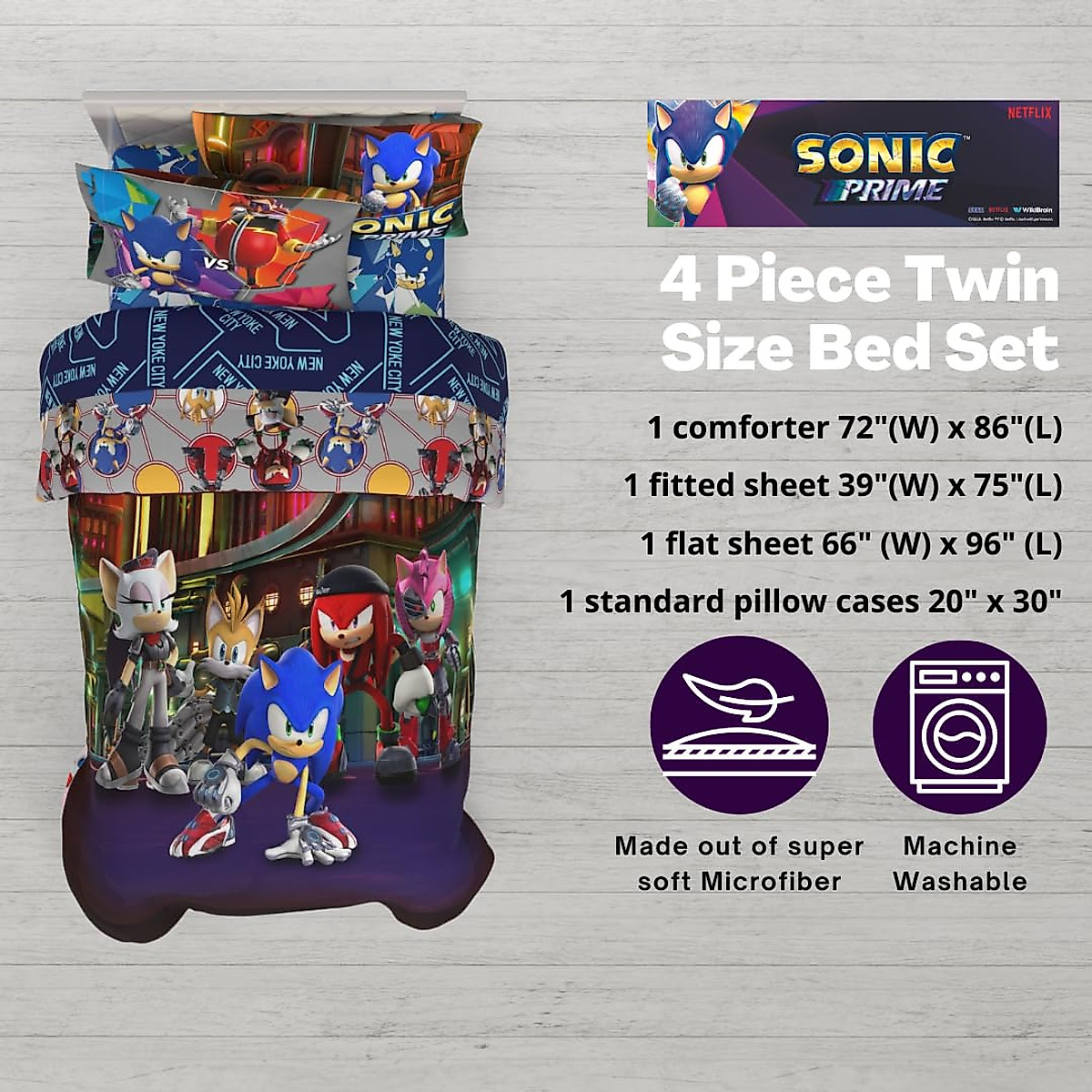 Franco Sonic The Hedgehog Prime Anime Kids Bedding Super Soft Comforter and Sheet Set, 4 Piece Twin Size, (Officially Licensed Product)