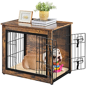 Yaheetech 27.5'' Dog Crate Furniture with Cushion Wooden Dog Crate with Double Doors/Adjustable Feet Side End Table for Small/Medium Dogs, 27.5" L x 20" W x 24" H