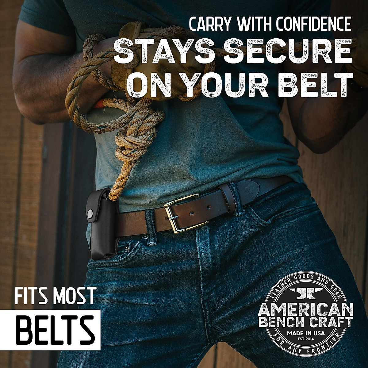 American Bench Craft Leather Multitool Sheath fits Leatherman Wingman, Sidekick, Reber, Rev, Fuse | Riveted Leatherman Case for Belt | Premium Full Grain Leather Sheath/Holster with Brass Snap - Black