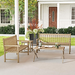 Tangkula 62" Outdoor Teak Wood Bench, 3-Person Garden Patio Bench with Backrest, Armrests and Slatted Seat, Porch Bench for Yard, Lawn, Deck and Entryway