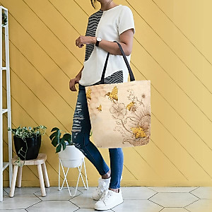 ALAZA Sunflower Bee Retro Large Canvas Tote Bag Shopping Shoulder Handbag with Small Zippered Pocket