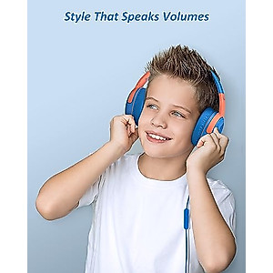 Kids Headphones, ELECDER S8 Wired Headphones for Kids with Microphone for Boys Girls, Adjustable 85dB/94dB Volume Limited, 3.5 mm Jack for School/Kindle/Smartphones/Tablet/Airplane Travel(Blue/Orange)
