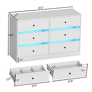 SDMY 6 Drawer Double Dresser, White Bedroom Dresser with LED Light, Baby Dresser for Nursery, Modern Wood Dresser Chest of Drawers for Living Room, Hallway