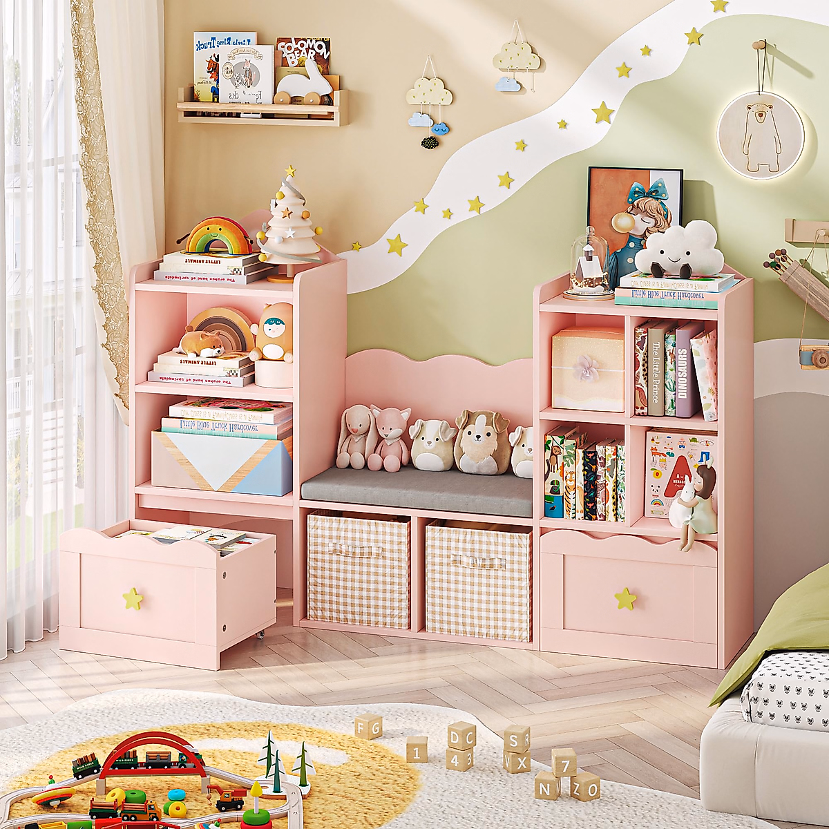 FACBOTALL Kids Bookshelf with Reading Nook, Kids Bookcase with Soft Cushion Seat, 2 Wheels Drawers and 8 Storage Cubbies, Toy Storage Organizer for Kid's Room Playroom, Bedroom, School, Pink