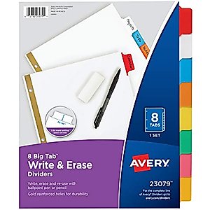 AVERY 8-Tab Binder Dividers, Write & Erase Multicolor Big Tabs, 6 Sets, School Binder Organizers (23079) - 73079