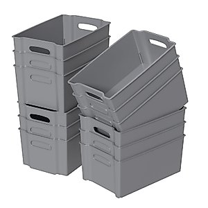 Begale 12-Pack Plastic Storage Bins, Stackable Pantry Organizer Bins, Gray