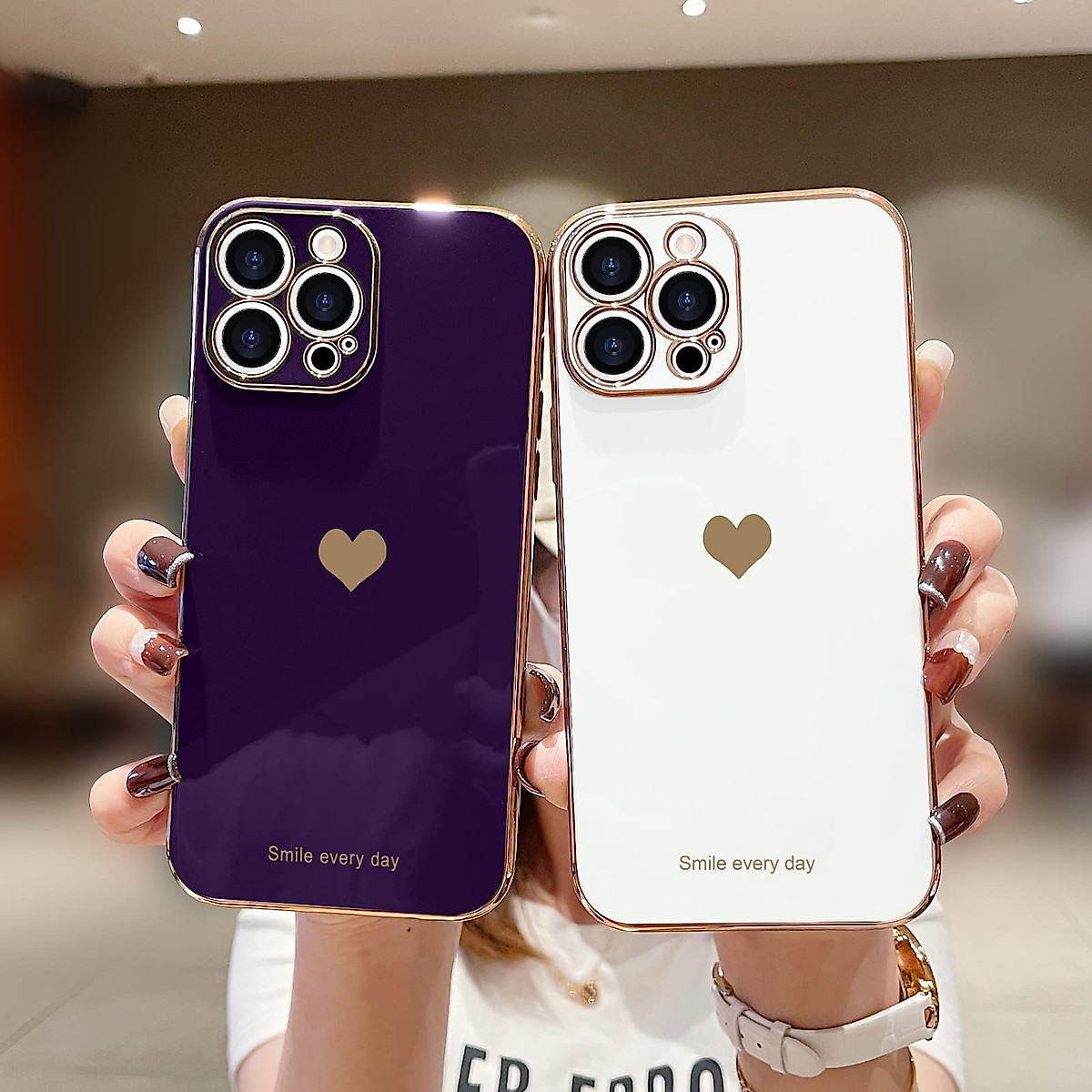 Teageo Compatible with iPhone 13 Pro Max Case for Girl Women Cute Love-Heart Luxury Bling Soft Cover Raised Camera Protection Bumper Silicone Shockproof Phone Case for iPhone 13 Pro Max, Dark Purple