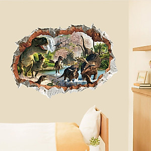 MLM 3D Dinosaurs Simulation Crack Hole Stickers Self-Adhesive Peel and Stick Wall Decal Mural Living Room Bedroom Kids' Room Nursery Decor Playroom Decor