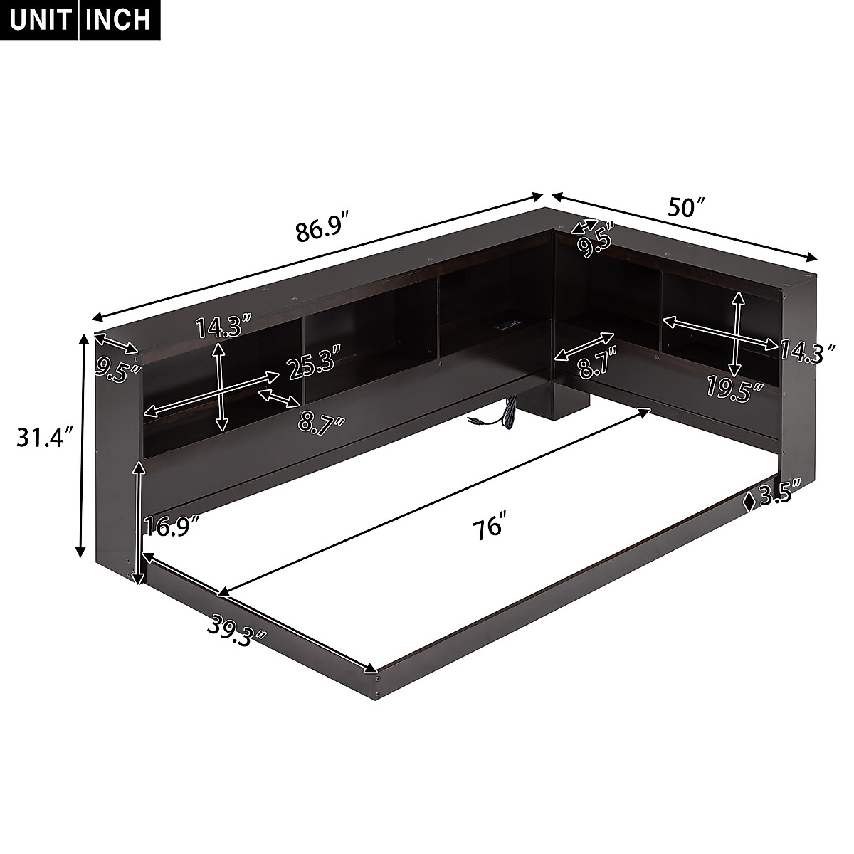 Twin Size Daybed with USB Ports and L Shaped Bookcases, Wood Twin Platform Bed with Storage Cabinets, Twin Floor Bed Frame with Charging Station for Bedroom,Living Room (Espresso)