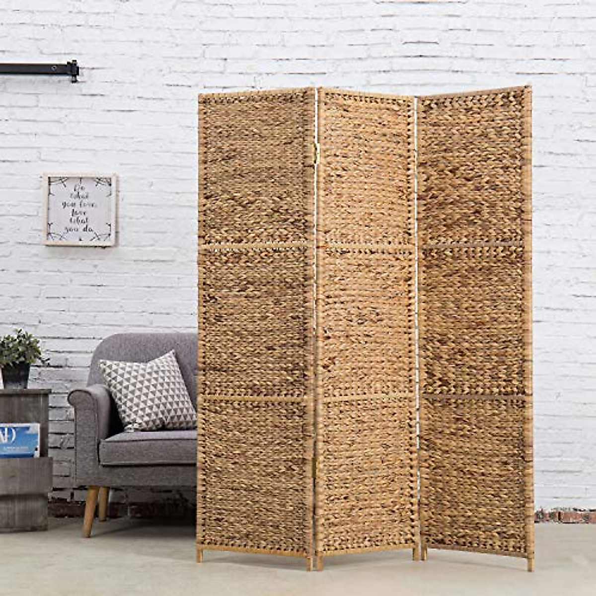 MyGift Handwoven Seagrass 3 Panel Room Divider Screen with Wood Frame, Folding Partition Room Divider, Brown